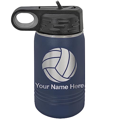 LaserGram Personalized Water Bottle, Volleyball Ball, Stainless Steel Double Wall Vacuum Insulated with Flip Top Straw, Custom Engraved Gift (12oz / 335ml Navy Blue)