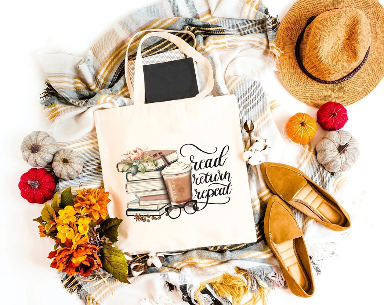GXVUIS Read Return Repeat Canvas Tote Bag for Women Aesthetic Coffee And Books Lovers Reusable Grocery Shoulder Shopping Bag White