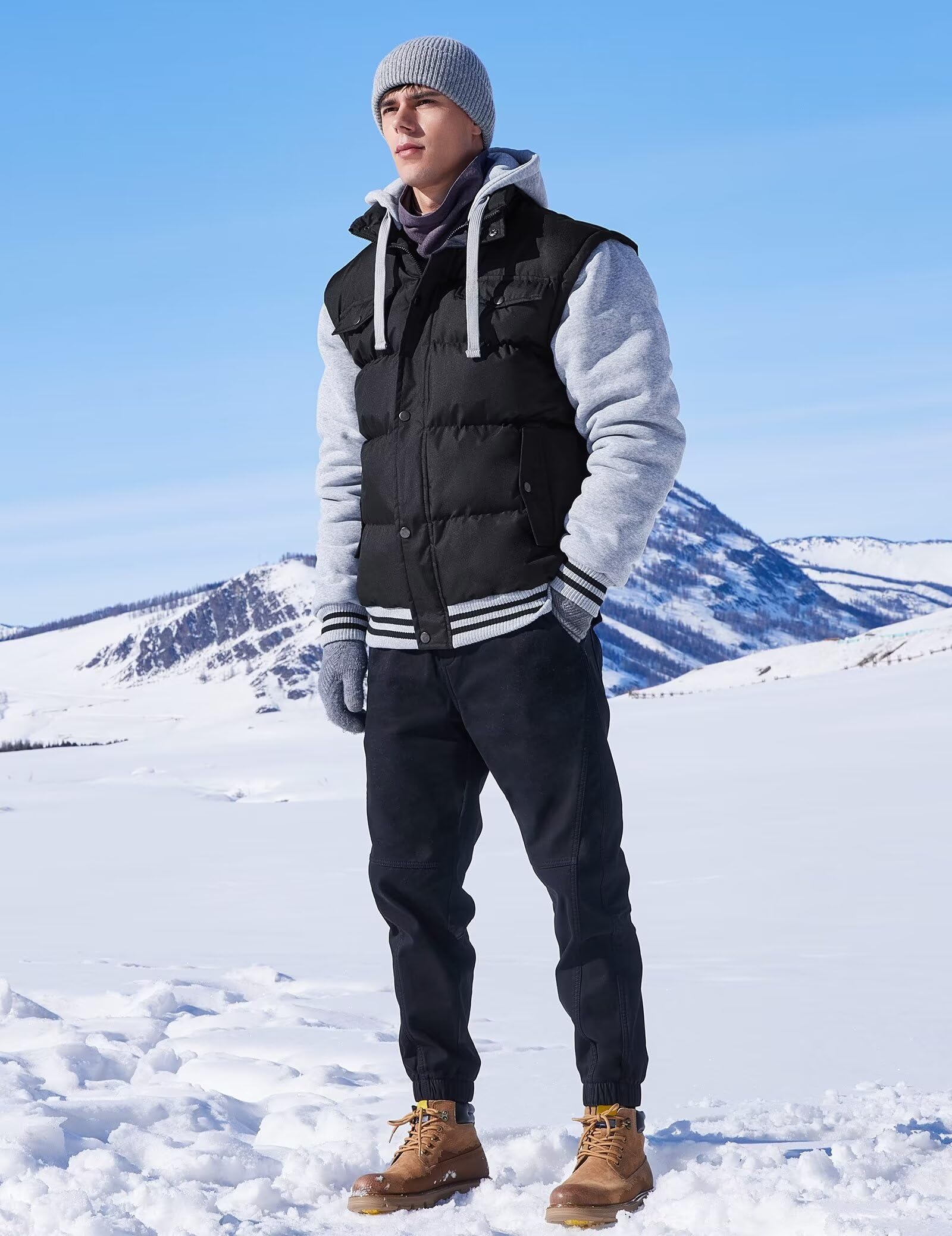 BEST SOUTH Men's Hooded Winter Coats Water Resistant Warm Thicken Insulated Full Zip Windproof Jackets with Pockets Black Grey L