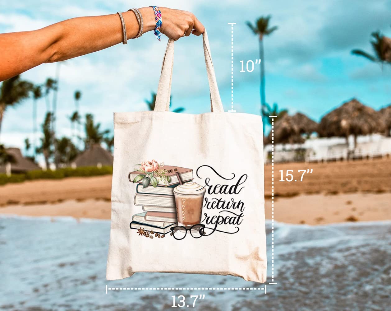 GXVUIS Read Return Repeat Canvas Tote Bag for Women Aesthetic Coffee And Books Lovers Reusable Grocery Shoulder Shopping Bag White