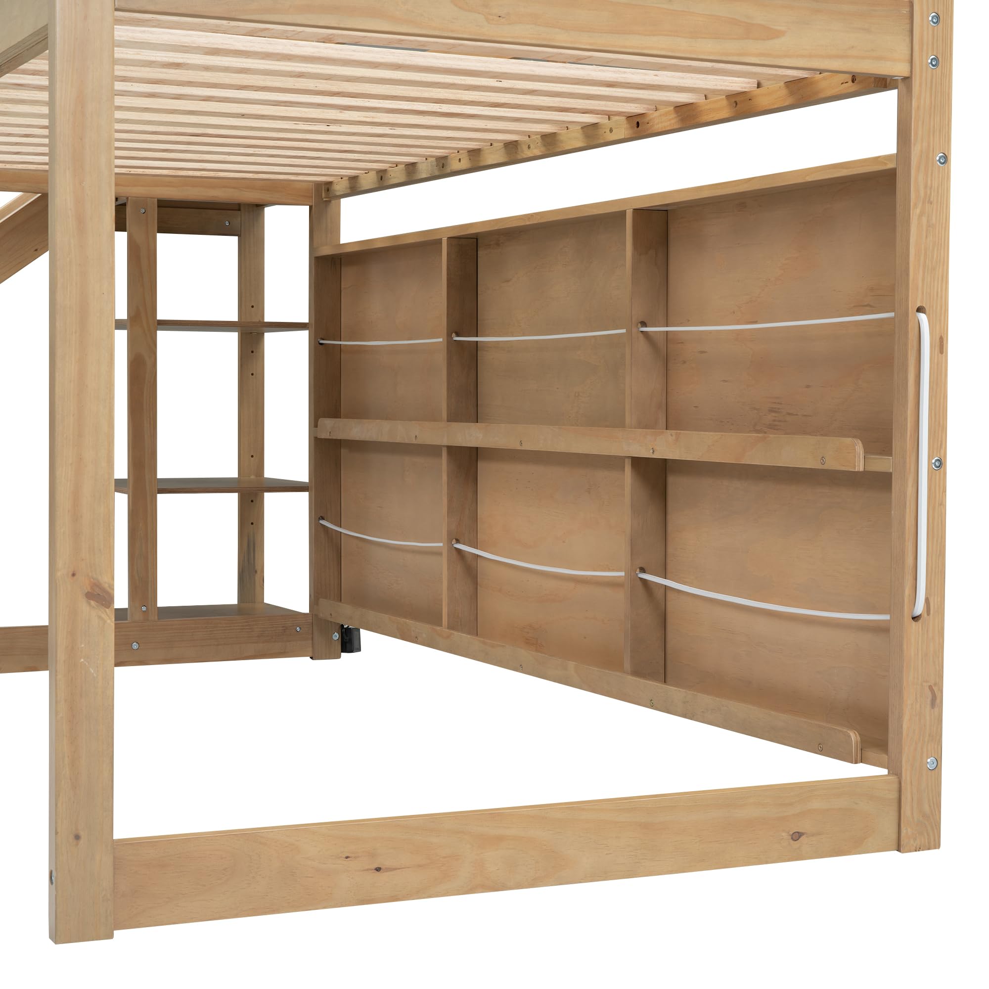 Merax Twin Size House Loft Bed with Slide and Storage Shelves, Wood Loft Bed for Boys & Girls (Natural)