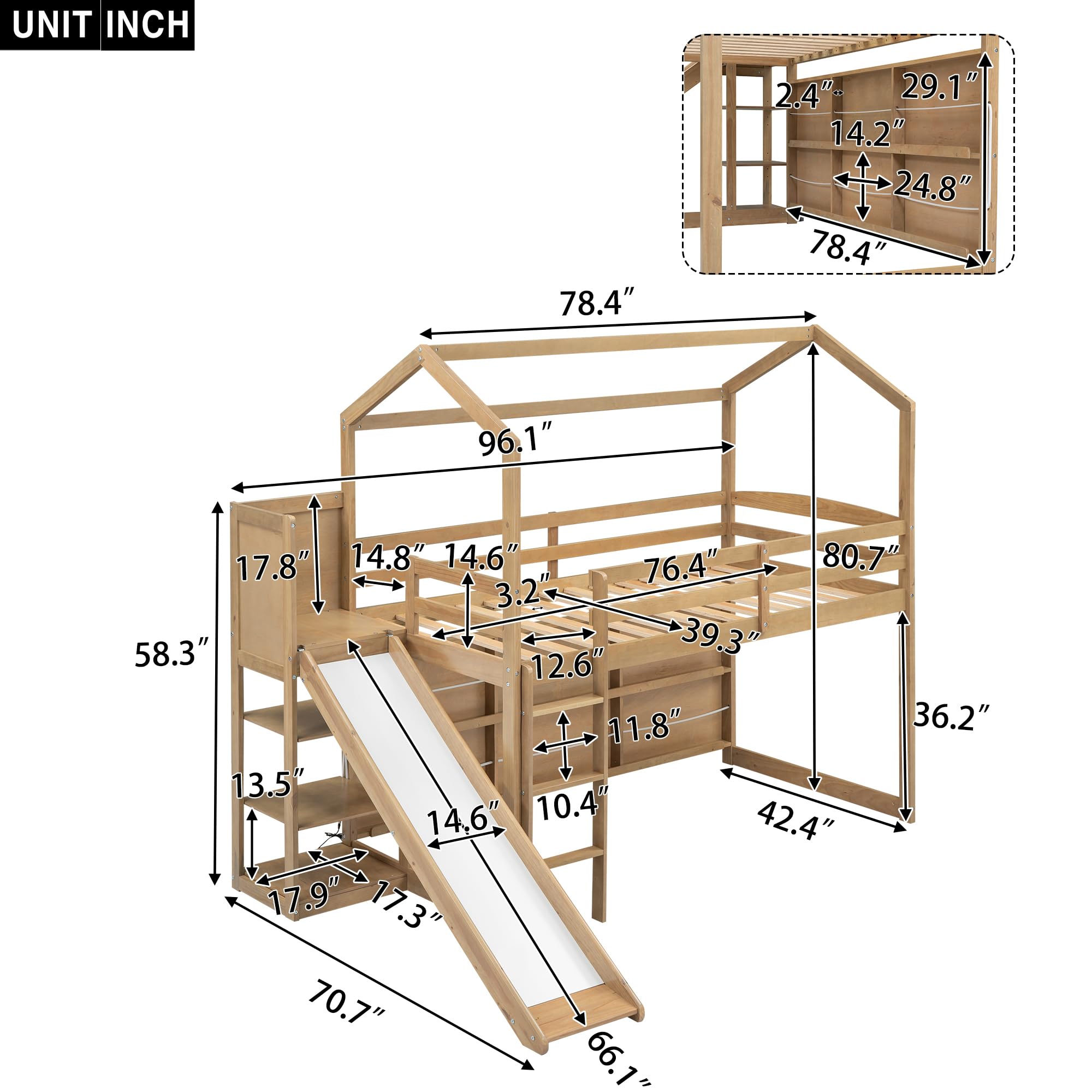 Merax Twin Size House Loft Bed with Slide and Storage Shelves, Wood Loft Bed for Boys & Girls (Natural)