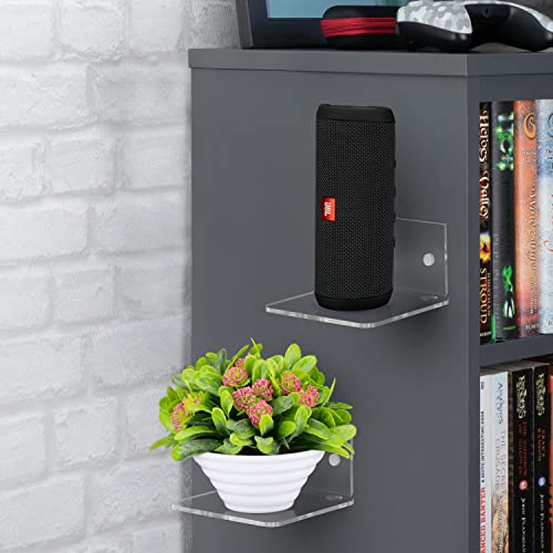 BRAINWAVZ 4.5β Small Floating Shelf, Adhesive & Screw in, for Speakers, Routers, Decor, Plants, Cameras, Photos, Kitchen, Toilet, Cable Box & More, Universal Holder (Clear)