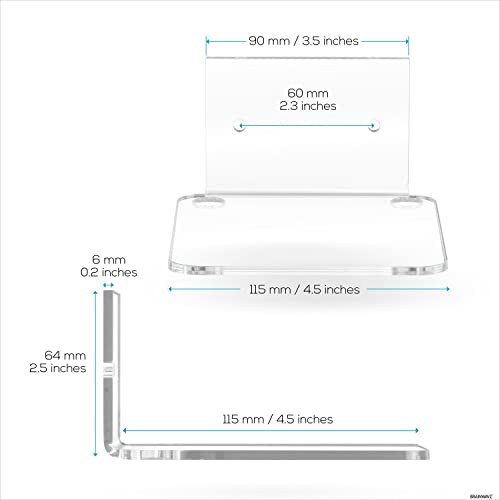 BRAINWAVZ 4.5β Small Floating Shelf, Adhesive & Screw in, for Speakers, Routers, Decor, Plants, Cameras, Photos, Kitchen, Toilet, Cable Box & More, Universal Holder (Clear)