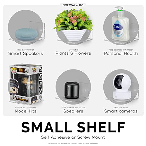 BRAINWAVZ 4.5β Small Floating Shelf, Adhesive & Screw in, for Speakers, Routers, Decor, Plants, Cameras, Photos, Kitchen, Toilet, Cable Box & More, Universal Holder (Clear)