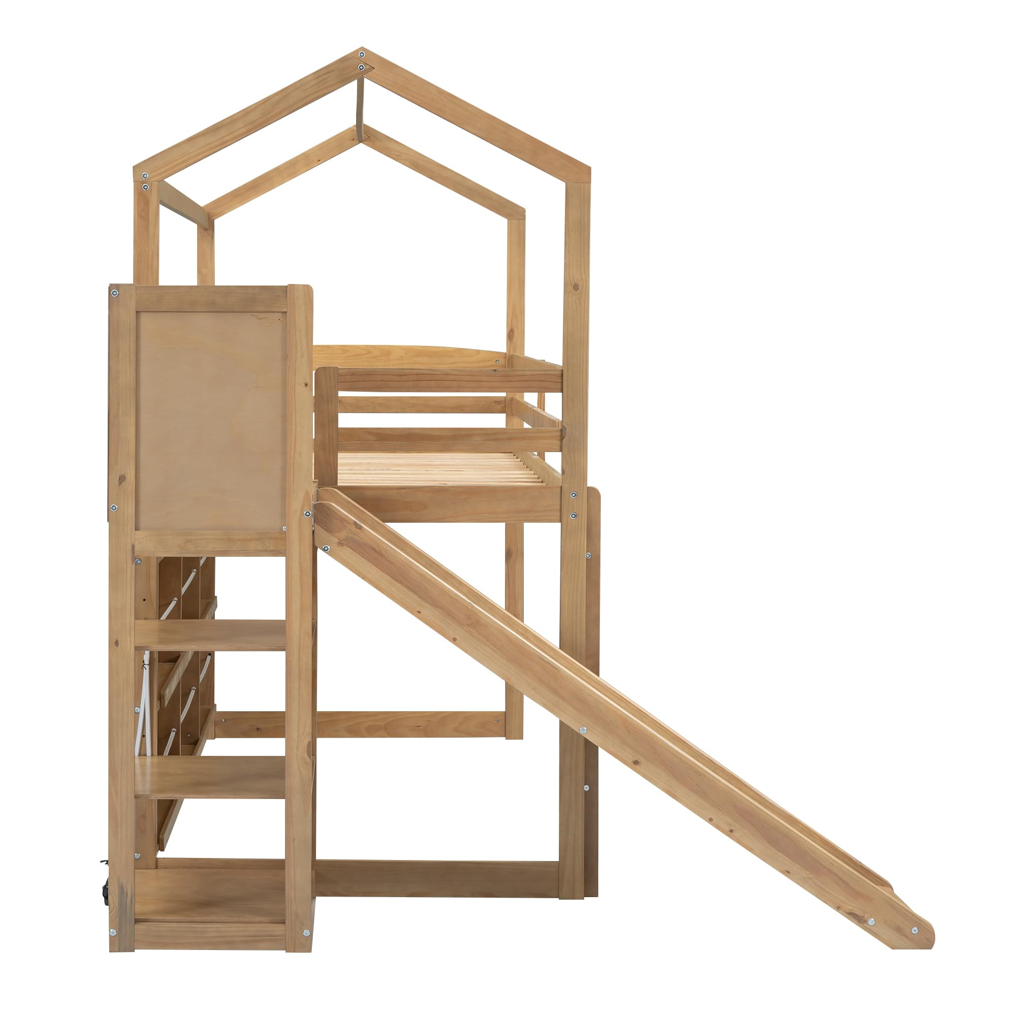 Merax Twin Size House Loft Bed with Slide and Storage Shelves, Wood Loft Bed for Boys & Girls (Natural)