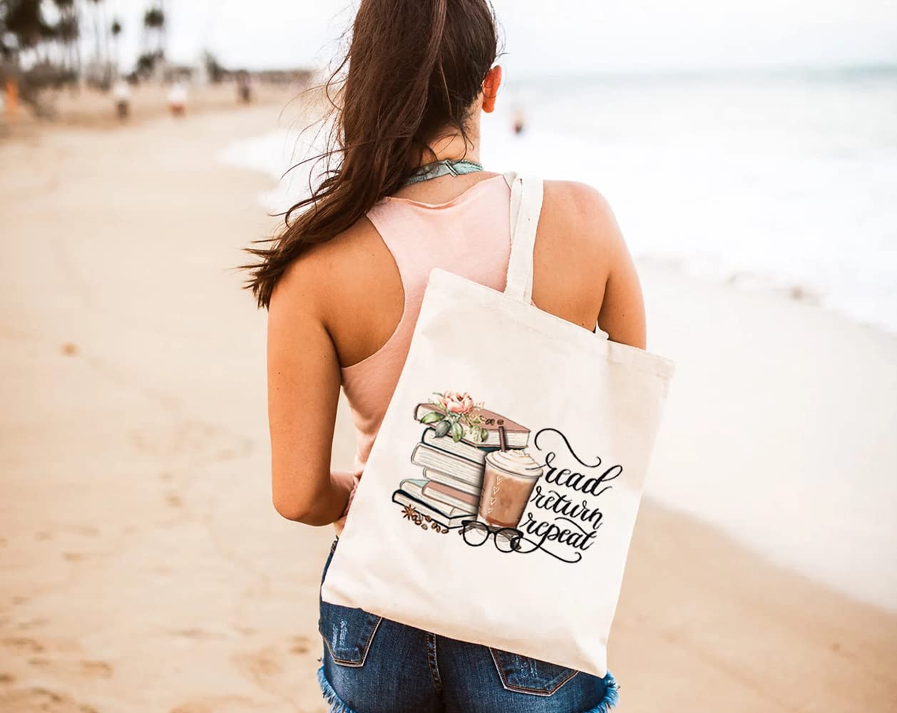 GXVUIS Read Return Repeat Canvas Tote Bag for Women Aesthetic Coffee And Books Lovers Reusable Grocery Shoulder Shopping Bag White