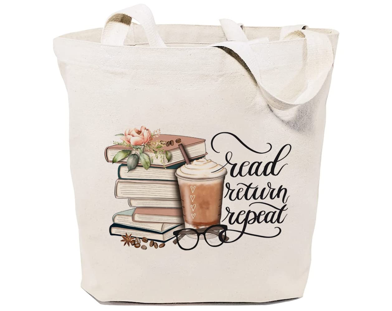 GXVUIS Read Return Repeat Canvas Tote Bag for Women Aesthetic Coffee And Books Lovers Reusable Grocery Shoulder Shopping Bag White