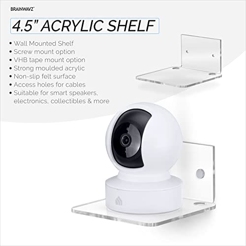 BRAINWAVZ 4.5β Small Floating Shelf, Adhesive & Screw in, for Speakers, Routers, Decor, Plants, Cameras, Photos, Kitchen, Toilet, Cable Box & More, Universal Holder (Clear)