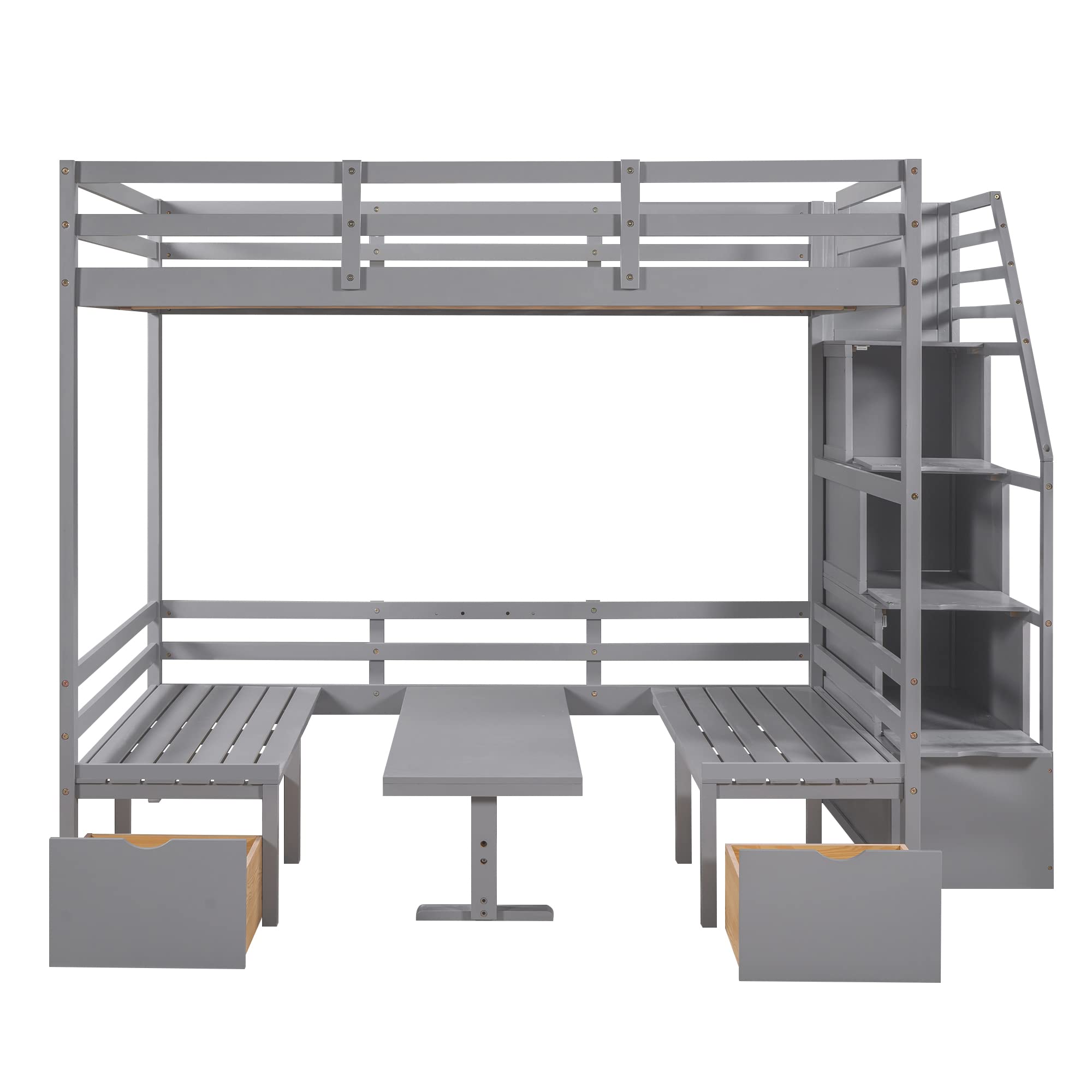 BOVZA Full Over Full Bunk Bed with Staircase, Convertible Dorm Loft Bed with Desk, Seat and Storage Drawers for Kids Boys Girls Teens, Gray