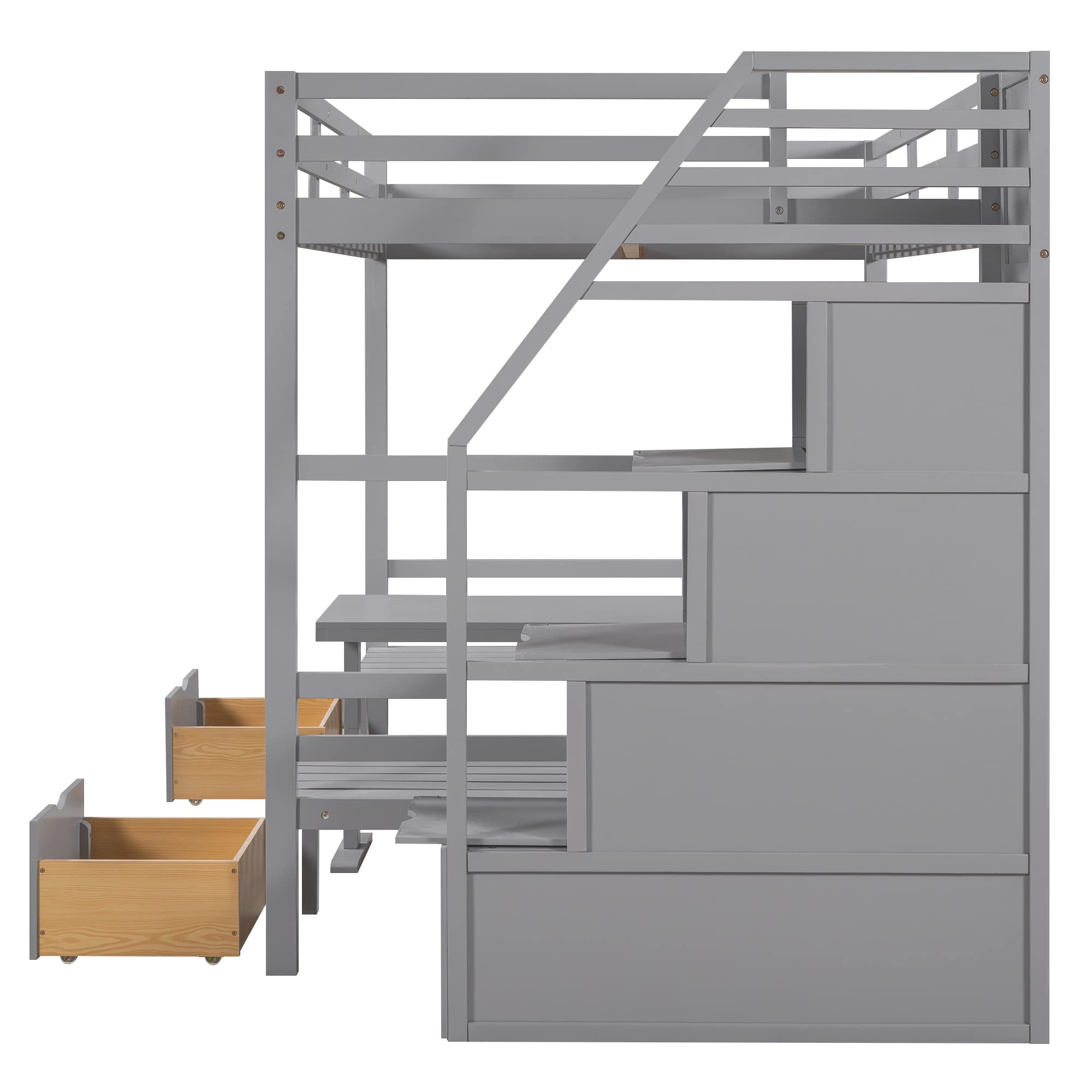 BOVZA Full Over Full Bunk Bed with Staircase, Convertible Dorm Loft Bed with Desk, Seat and Storage Drawers for Kids Boys Girls Teens, Gray