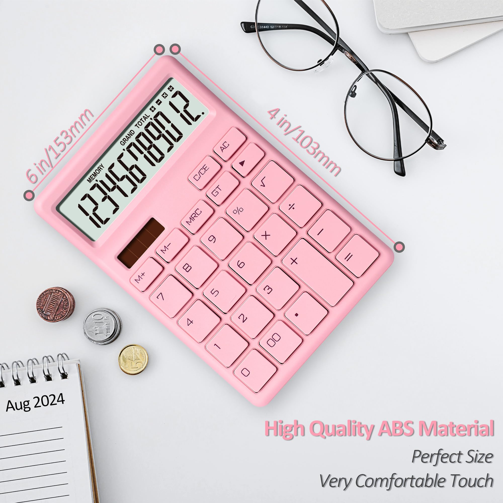 Exlliy Desk Calculator 12 Digit,Pink Desktop Dual Power Battery and Solar,Desk Calculators with Large LCD Display,Perfect for Home, Office,and School Use,Auto Sleep