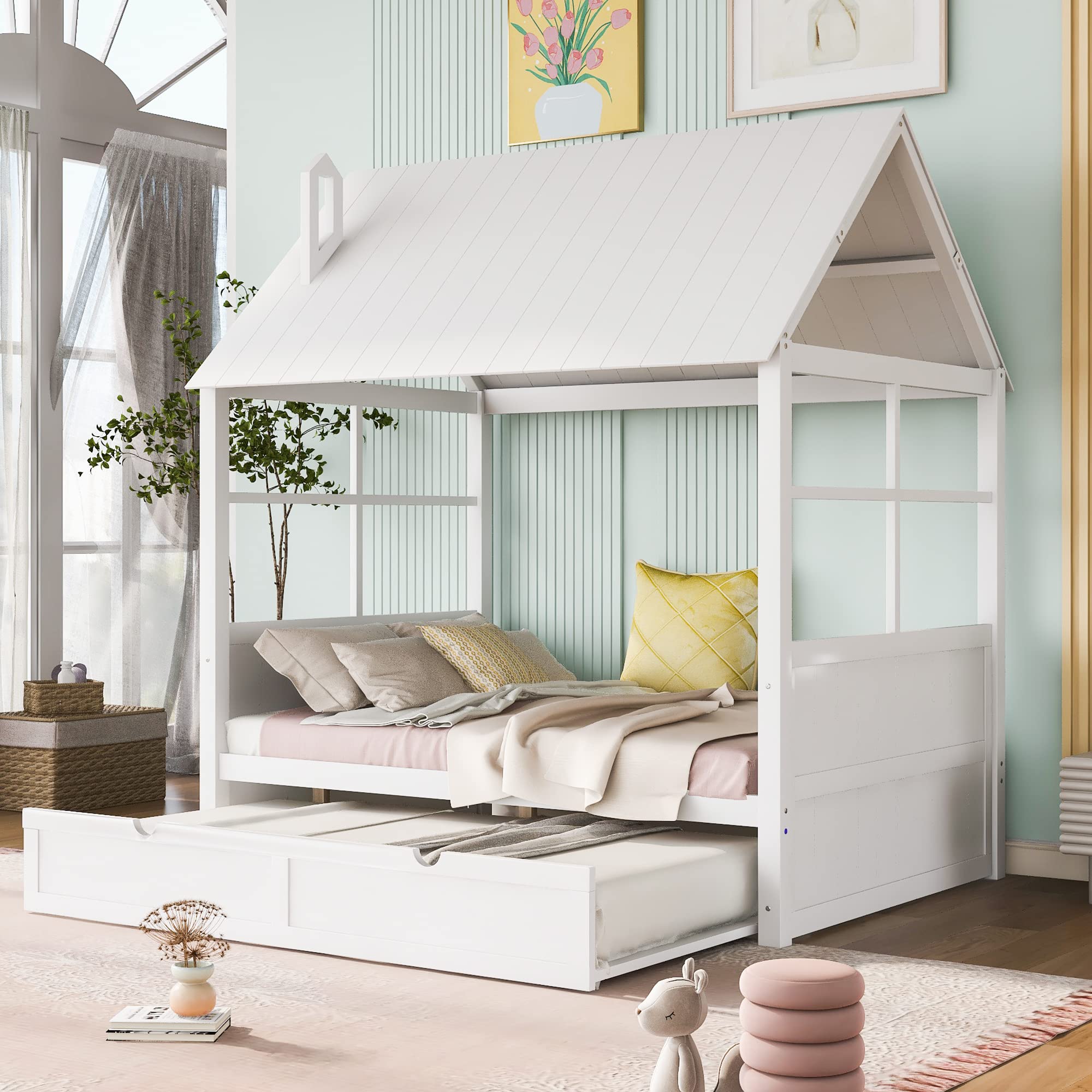 BIADNBZ Full Size House Bed with Twin Trundle, Wooden Platform BedFrame Daybed w/Roof&Window for Kids Boys Girls Bedroom, White