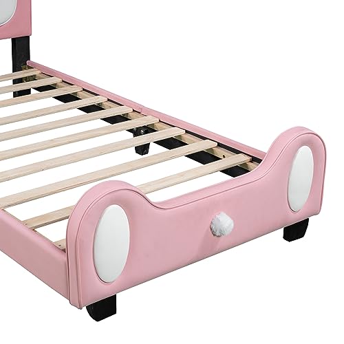 Bellemave Twin Size Upholstered Rabbit-Shape Princess Bed,PU Upholstered Twin Platform Bed with Slat Supports, Kids Twin Size Bed Frame for Boys Girls(White+Pink)