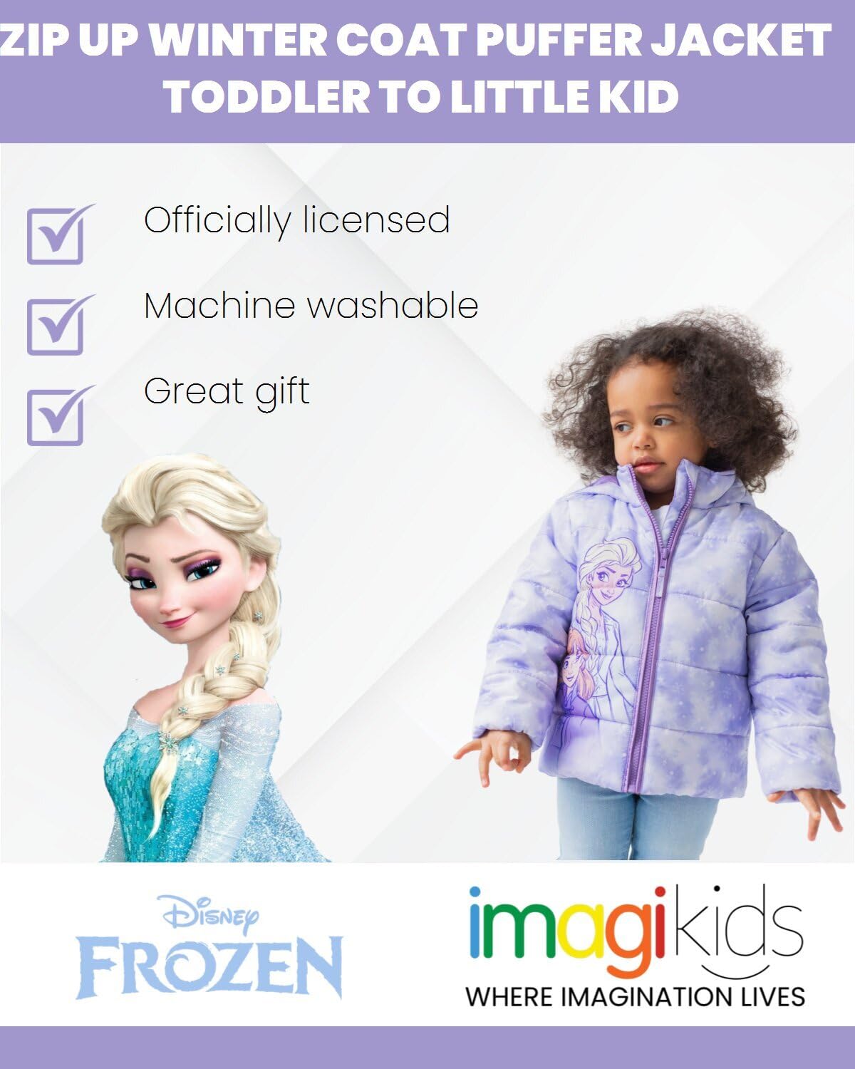 Disney Frozen Princess Anna Elsa Little Girls Zip Up Puffer Jacket Purple 6