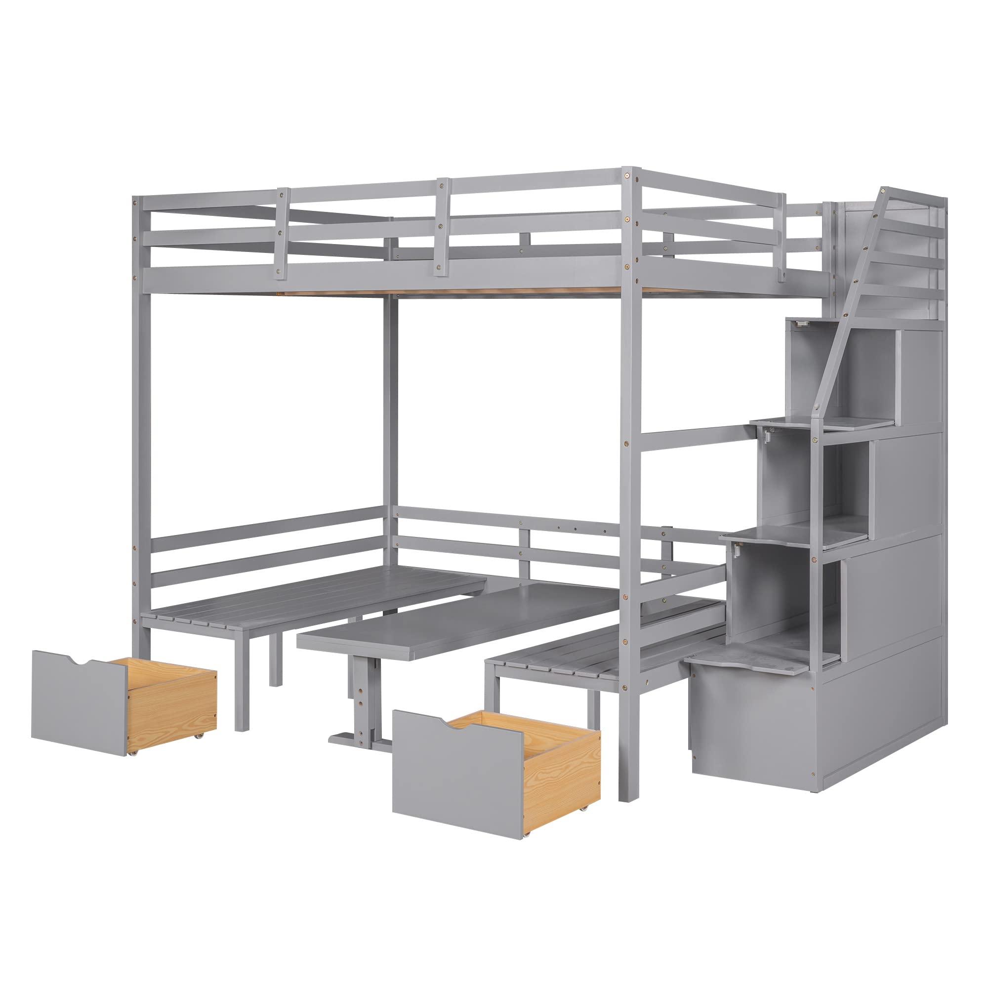 BOVZA Full Over Full Bunk Bed with Staircase, Convertible Dorm Loft Bed with Desk, Seat and Storage Drawers for Kids Boys Girls Teens, Gray