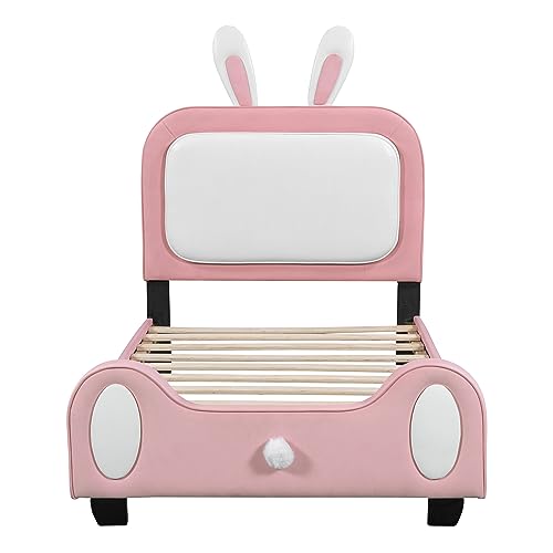 Bellemave Twin Size Upholstered Rabbit-Shape Princess Bed,PU Upholstered Twin Platform Bed with Slat Supports, Kids Twin Size Bed Frame for Boys Girls(White+Pink)