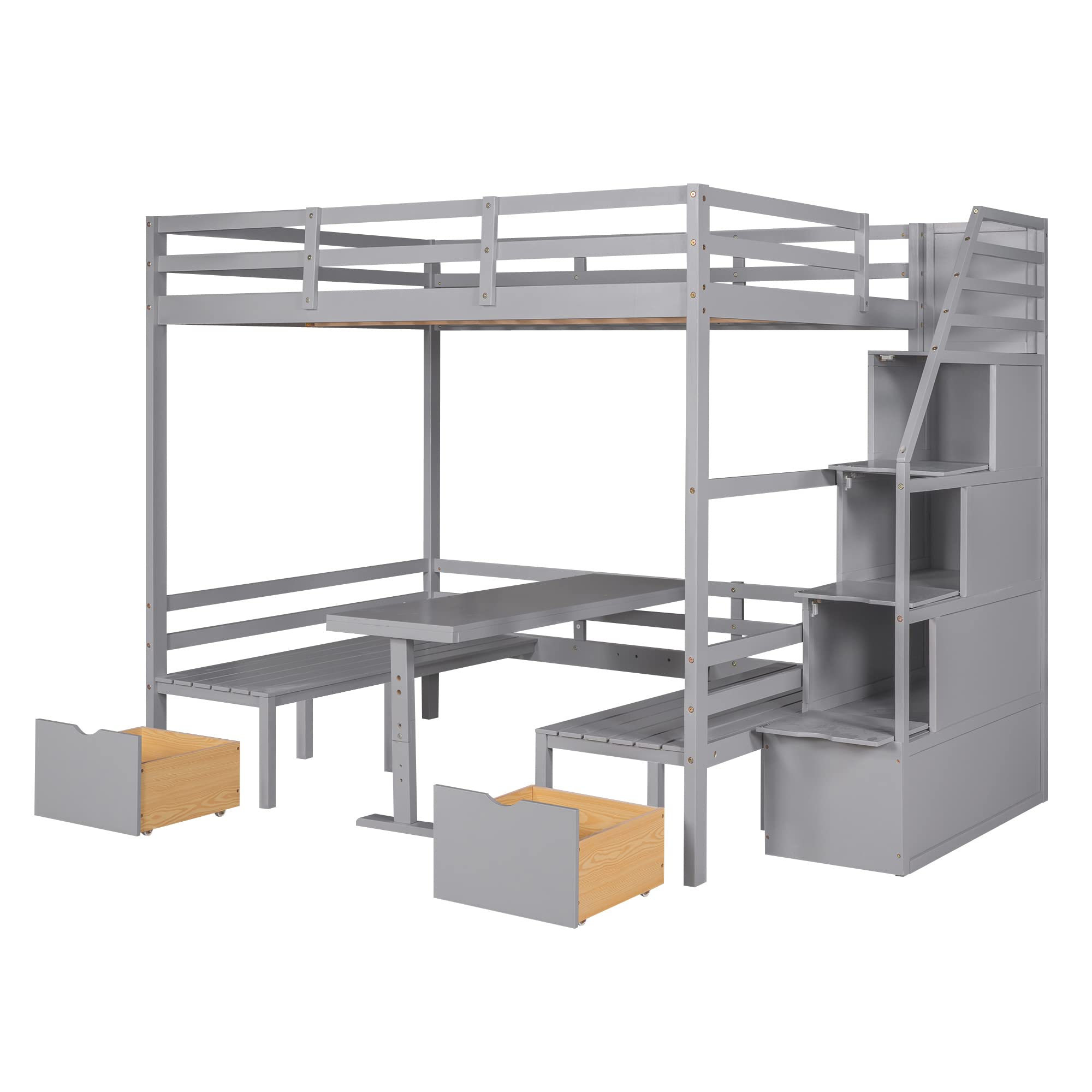 BOVZA Full Over Full Bunk Bed with Staircase, Convertible Dorm Loft Bed with Desk, Seat and Storage Drawers for Kids Boys Girls Teens, Gray