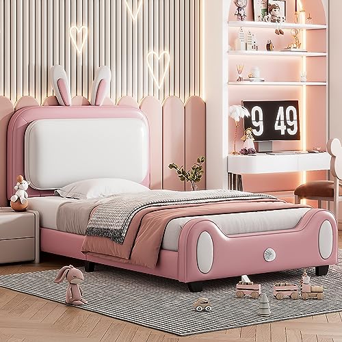 Bellemave Twin Size Upholstered Rabbit-Shape Princess Bed,PU Upholstered Twin Platform Bed with Slat Supports, Kids Twin Size Bed Frame for Boys Girls(White+Pink)