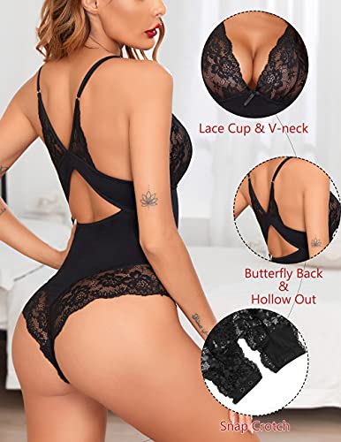 Avidlove Women Lingerie Bodysuit Snap Crotch Teddy One Piece Babydoll (Black,M)