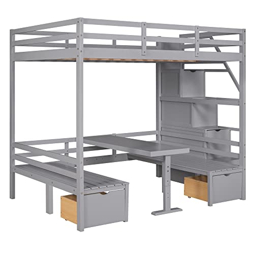 BOVZA Full Over Full Bunk Bed with Staircase, Convertible Dorm Loft Bed with Desk, Seat and Storage Drawers for Kids Boys Girls Teens, Gray