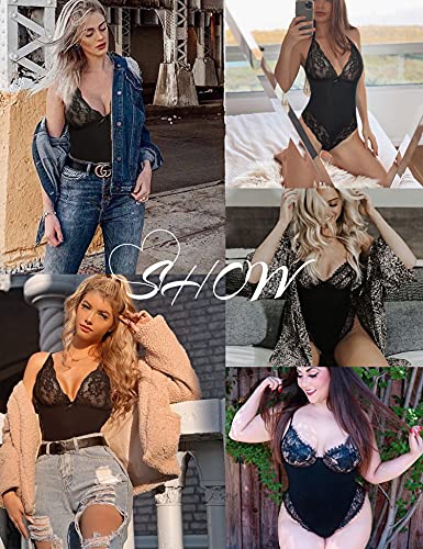 Avidlove Women Lingerie Bodysuit Snap Crotch Teddy One Piece Babydoll (Black,M)