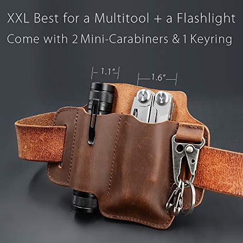XXL EDC Leather Sheath, Leather Knife Belt Sheath Organizer, Tool Pouch Sheath for Most Leatherman Multitools, Key Ring Holder Fob, Holster for 5 inch Knives, Fit Most Tactical Flashlights. Chestnut.