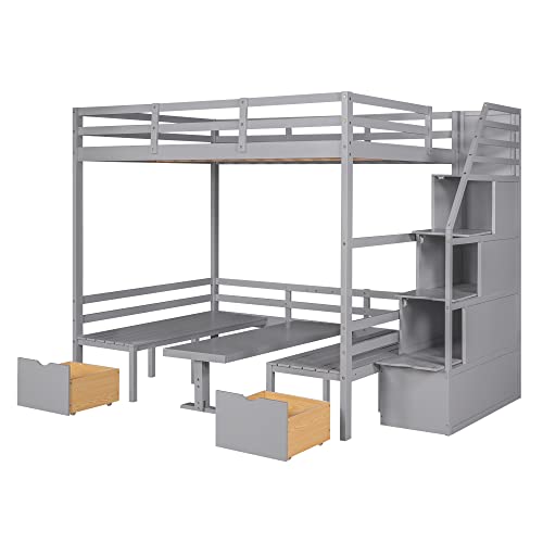 BOVZA Full Over Full Bunk Bed with Staircase, Convertible Dorm Loft Bed with Desk, Seat and Storage Drawers for Kids Boys Girls Teens, Gray