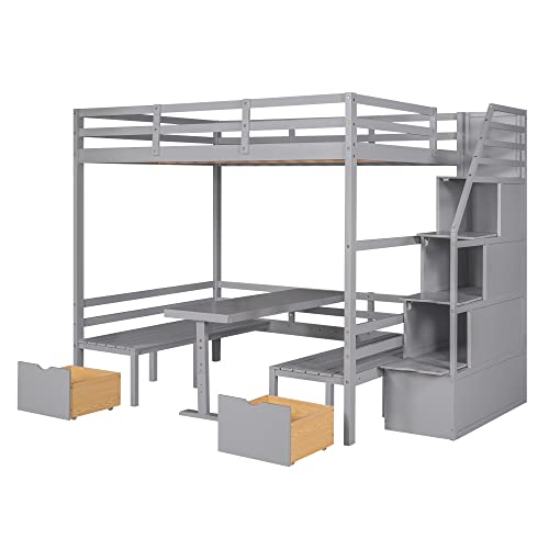 BOVZA Full Over Full Bunk Bed with Staircase, Convertible Dorm Loft Bed with Desk, Seat and Storage Drawers for Kids Boys Girls Teens, Gray