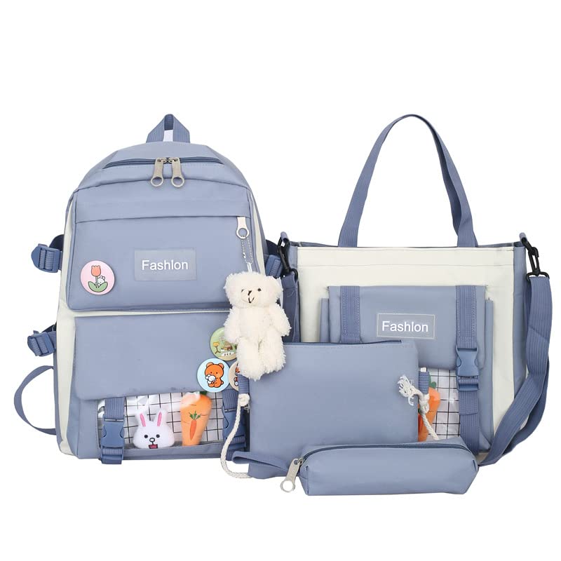 4Pcs Cute Backpack Set with Pins Pandent Kawaii Ita Bags Supplies Bookbag Aesthetic Back to School Stationary Accessories (Blue)