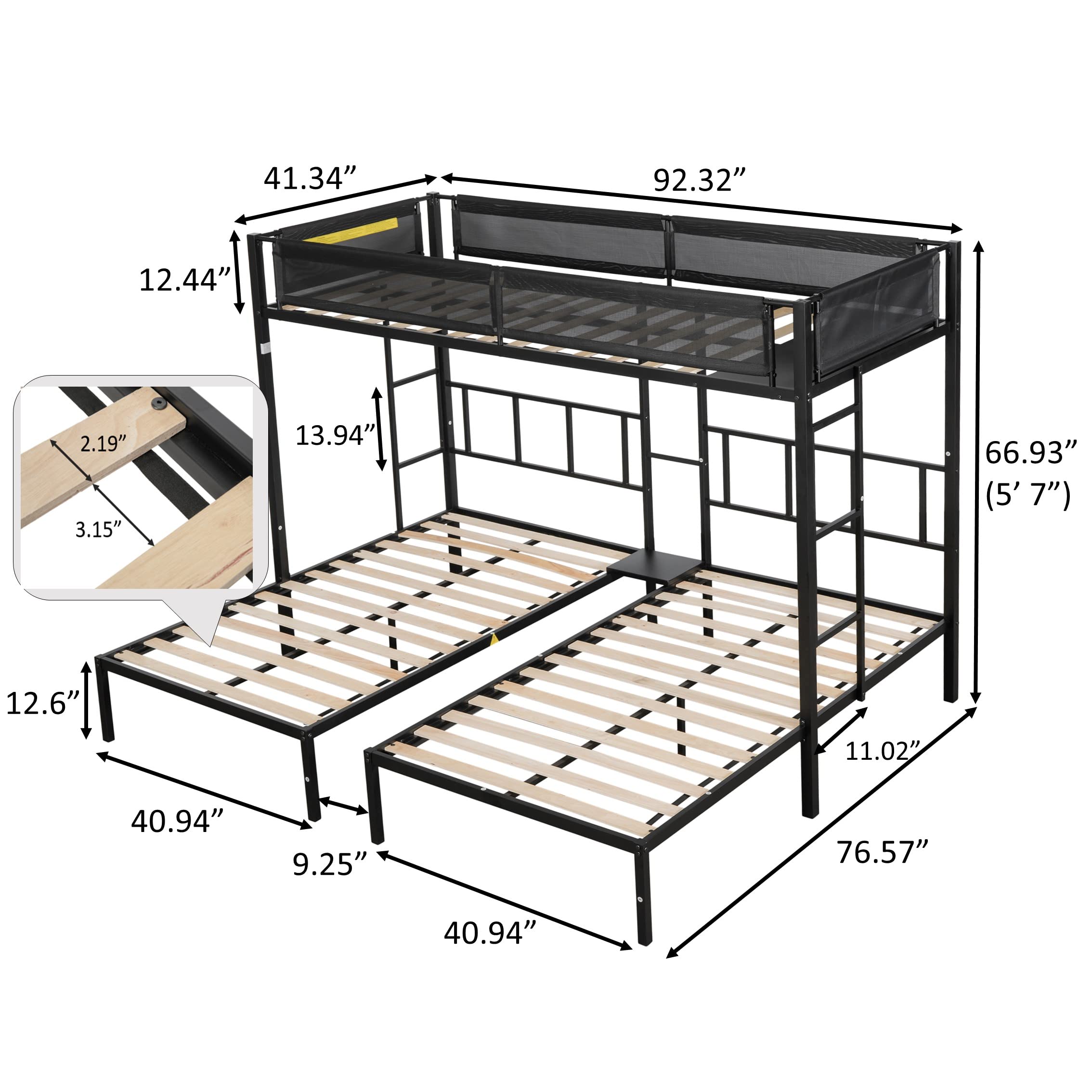 Oudiec Triple Bunk Bed Twin Over Twin, Metal Bedframe with Safety Guardrail & Ladder, Can Be Separated into 3 Twin Beds, No Box Spring Needed, Easy to Assemble for Dorm, Bedroom, Guest Room, Black