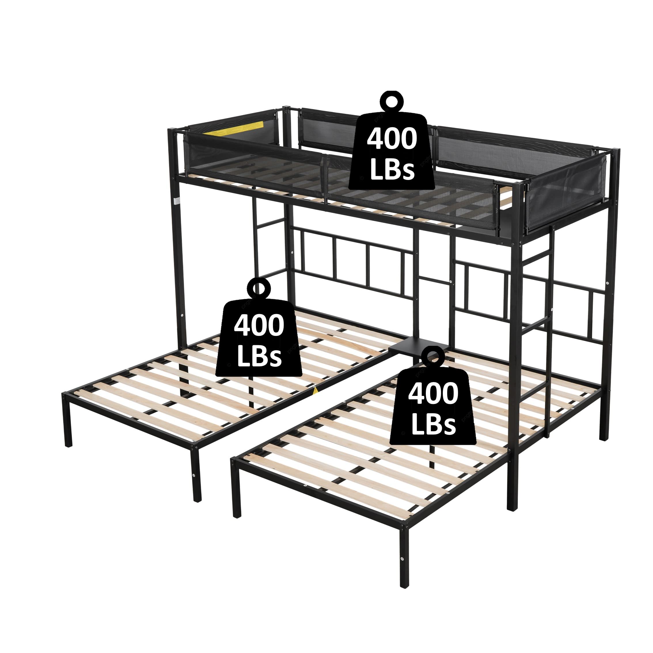 Oudiec Triple Bunk Bed Twin Over Twin, Metal Bedframe with Safety Guardrail & Ladder, Can Be Separated into 3 Twin Beds, No Box Spring Needed, Easy to Assemble for Dorm, Bedroom, Guest Room, Black