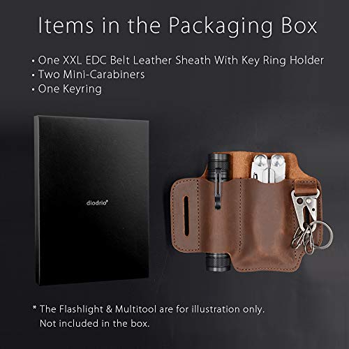 XXL EDC Leather Sheath, Leather Knife Belt Sheath Organizer, Tool Pouch Sheath for Most Leatherman Multitools, Key Ring Holder Fob, Holster for 5 inch Knives, Fit Most Tactical Flashlights. Chestnut.