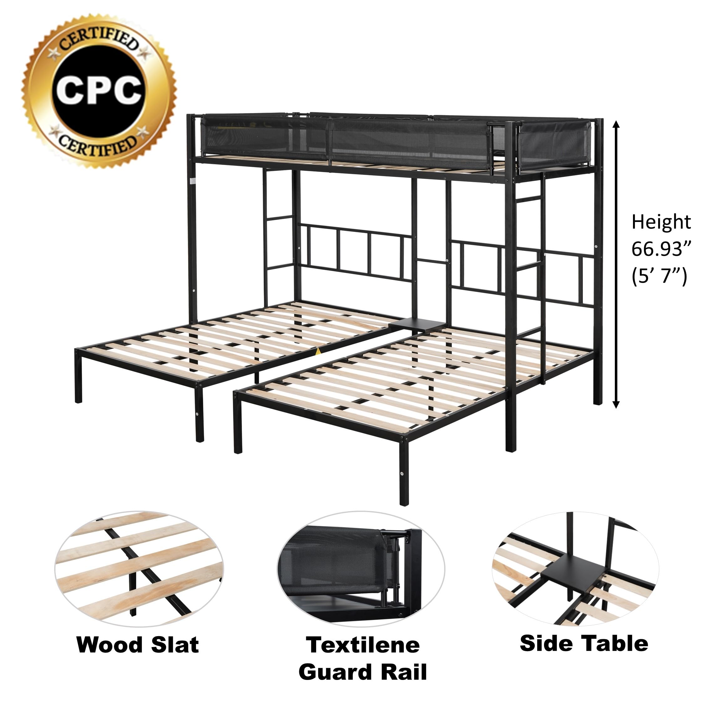Oudiec Triple Bunk Bed Twin Over Twin, Metal Bedframe with Safety Guardrail & Ladder, Can Be Separated into 3 Twin Beds, No Box Spring Needed, Easy to Assemble for Dorm, Bedroom, Guest Room, Black