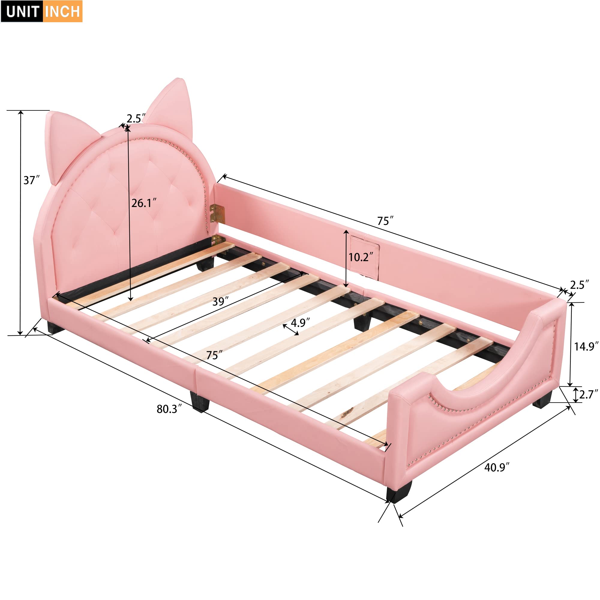 MWrouqfur Twin Size Upholstered Daybed,Wooden Daybed Frame with Carton Ears Shaped Headboard, PU Leather Platform Bed for Girls Boys, Low Profile Single No Box Spring Needed (Pink) (HYYS774)