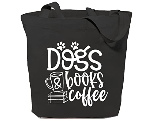 GXVUIS Dogs Books And Coffee Canvas Tote Bag for Women Aesthetic Reusable Grocery Shoulder Shopping Bags Gifts for Girls Black