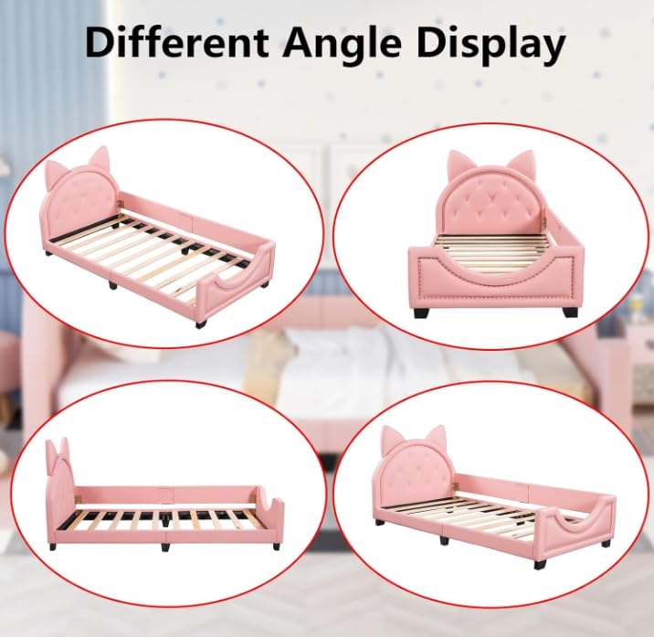 MWrouqfur Twin Size Upholstered Daybed,Wooden Daybed Frame with Carton Ears Shaped Headboard, PU Leather Platform Bed for Girls Boys, Low Profile Single No Box Spring Needed (Pink) (HYYS774)