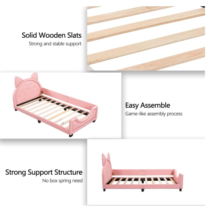 MWrouqfur Twin Size Upholstered Daybed,Wooden Daybed Frame with Carton Ears Shaped Headboard, PU Leather Platform Bed for Girls Boys, Low Profile Single No Box Spring Needed (Pink) (HYYS774)