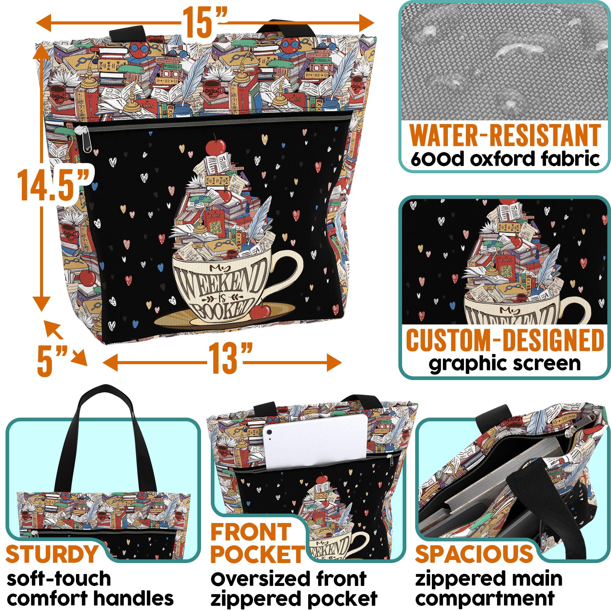 84hoods Aesthetic Waterproof Tote Bag. Gift for Book Lovers and Librarian. Cute Graphic Large Shoulder Bag with Pockets and Zipper for Work. 15 inch Grocery Bag. Weekend Booked.