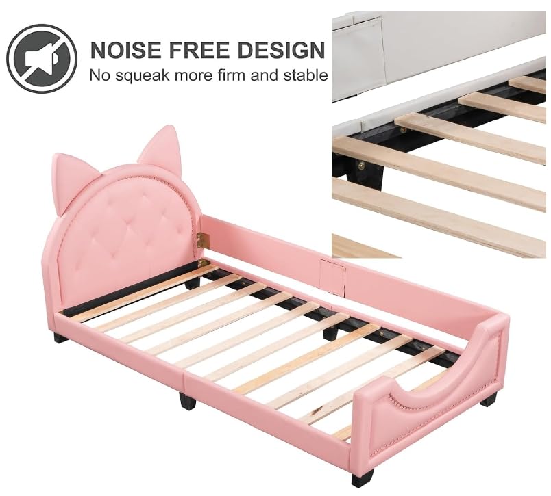 MWrouqfur Twin Size Upholstered Daybed,Wooden Daybed Frame with Carton Ears Shaped Headboard, PU Leather Platform Bed for Girls Boys, Low Profile Single No Box Spring Needed (Pink) (HYYS774)