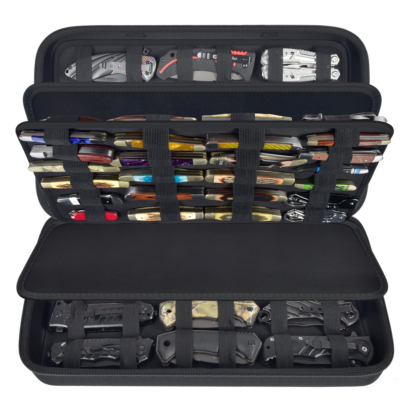 Knife Display Case for 66+ Pocket Knives. Folding Knife Holder, Butterfly Knives Storage Organizer, Knives Roll Collection Pouch Carrier Bag for Survival Tactical Outdoor for EDC Mini Knife (Box Only)