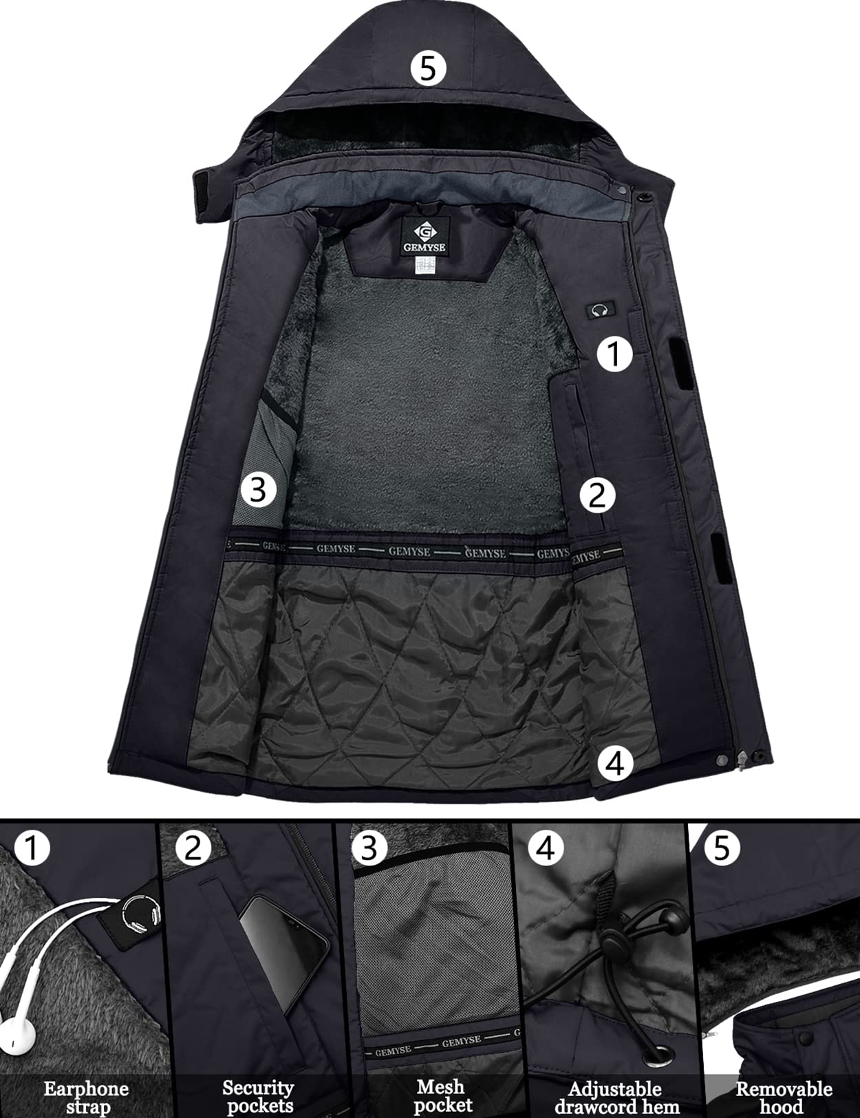 GEMYSE Men's Ski Snow Jacket Warm Winter Waterproof Coat Snowboard Rain Jacket Hooded Windproof Windbreaker(Black,3X-Large)