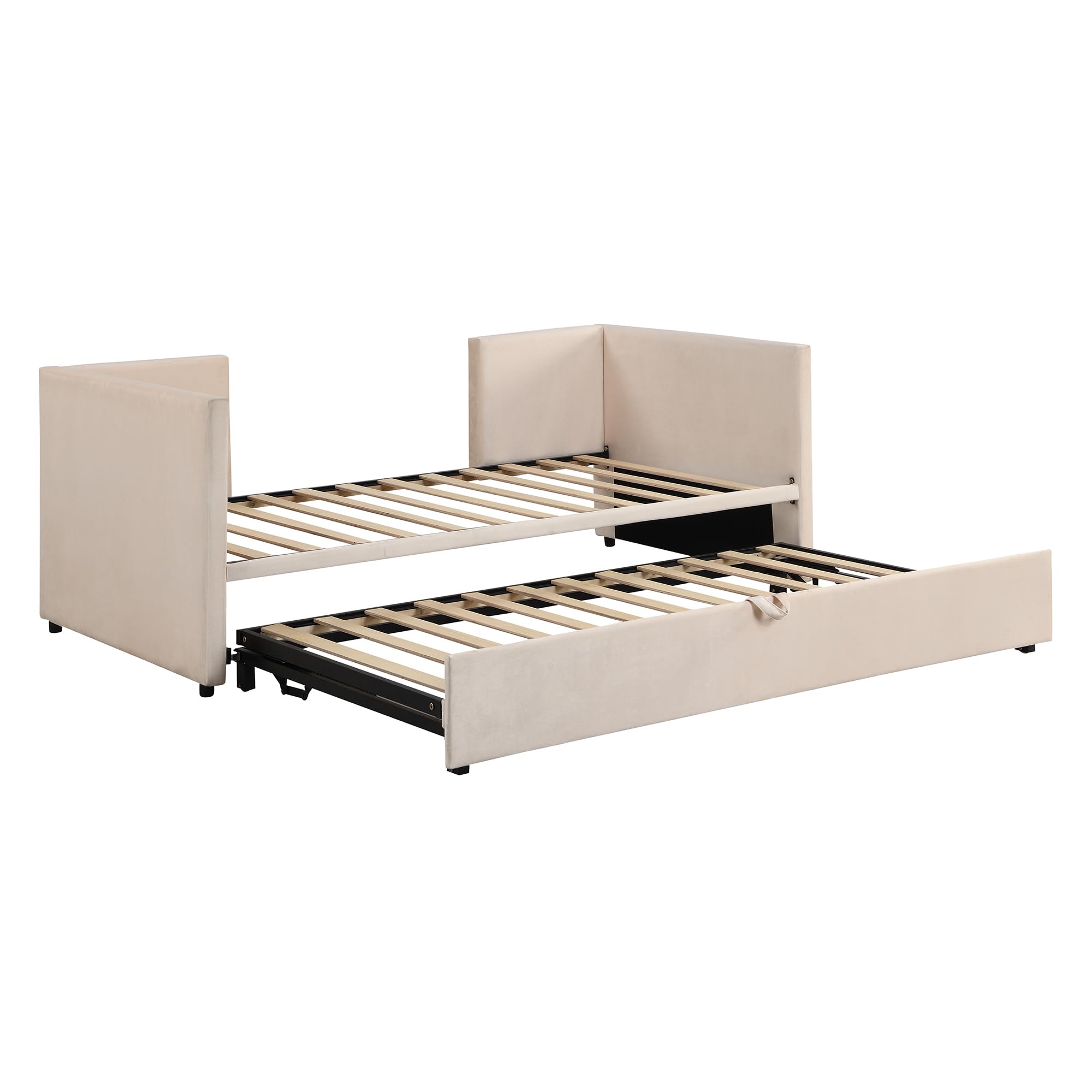 Eafurn Upholstered Daybed with Trundle,Extendable Daybed with Trundle Bed, Twin to King Daybed,Velvet Upholstered Daybed Sofa Bed w/Wood Slat, Twin Size Upholstered Daybed for Kid Boys Girls
