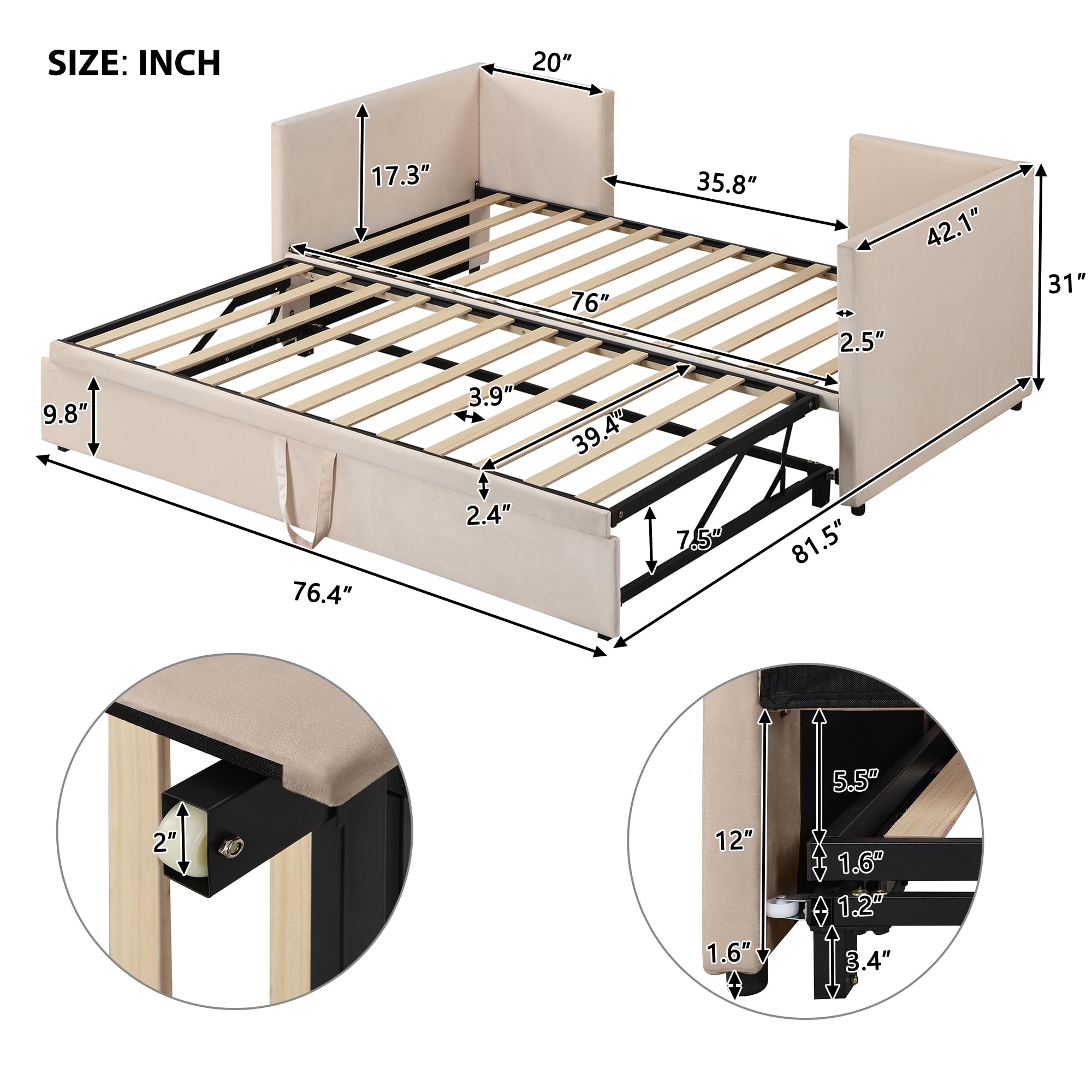 Eafurn Upholstered Daybed with Trundle,Extendable Daybed with Trundle Bed, Twin to King Daybed,Velvet Upholstered Daybed Sofa Bed w/Wood Slat, Twin Size Upholstered Daybed for Kid Boys Girls