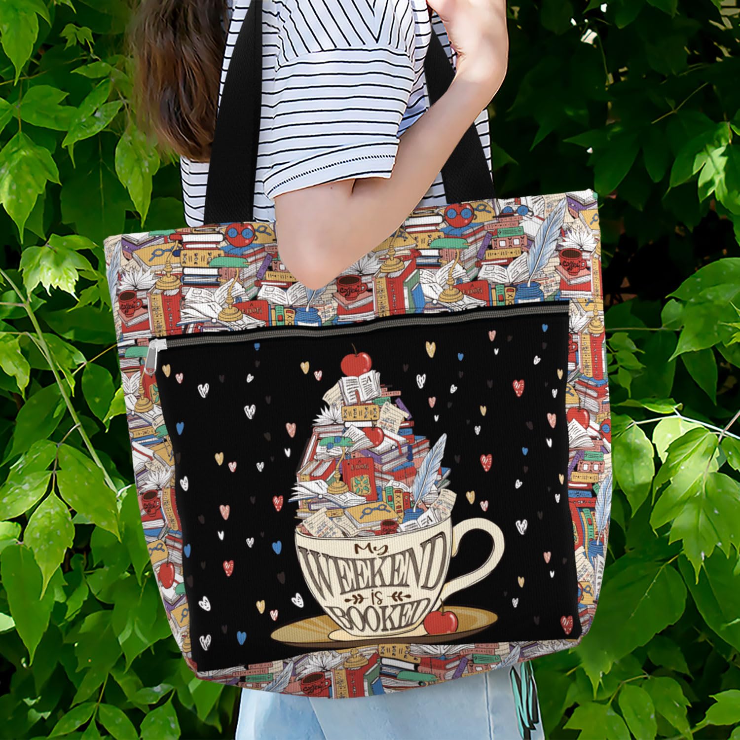 84hoods Aesthetic Waterproof Tote Bag. Gift for Book Lovers and Librarian. Cute Graphic Large Shoulder Bag with Pockets and Zipper for Work. 15 inch Grocery Bag. Weekend Booked.