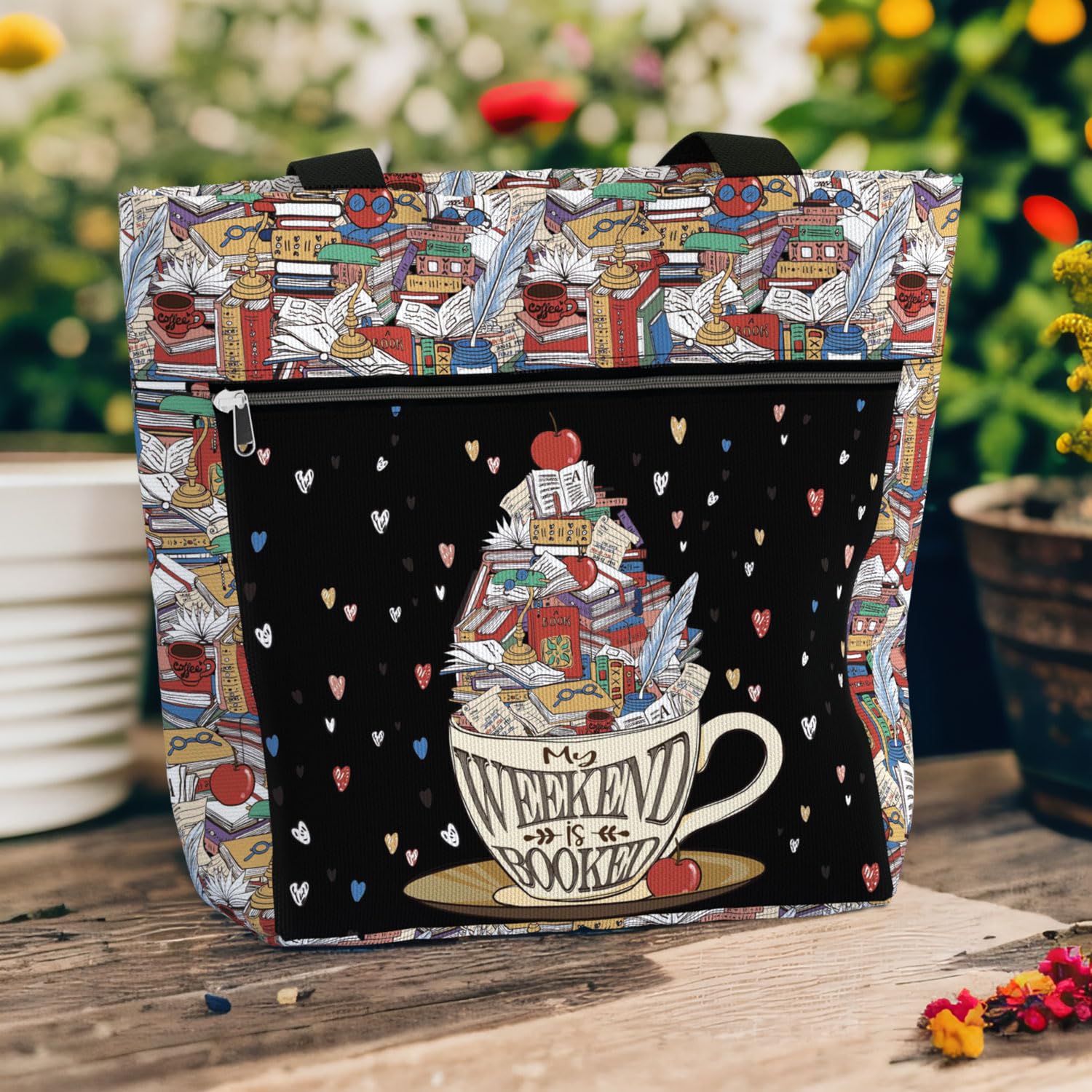 84hoods Aesthetic Waterproof Tote Bag. Gift for Book Lovers and Librarian. Cute Graphic Large Shoulder Bag with Pockets and Zipper for Work. 15 inch Grocery Bag. Weekend Booked.