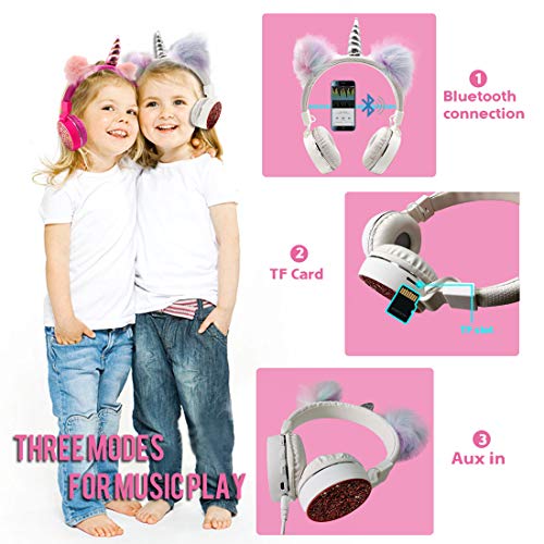 JINSERTA Bluetooth 5.0 Headphones with Fluffy Cat Ears for Kids, Kids Headband Earphone Foldable Headset Rechargeable Support TF Card, FM, Aux in (Black)