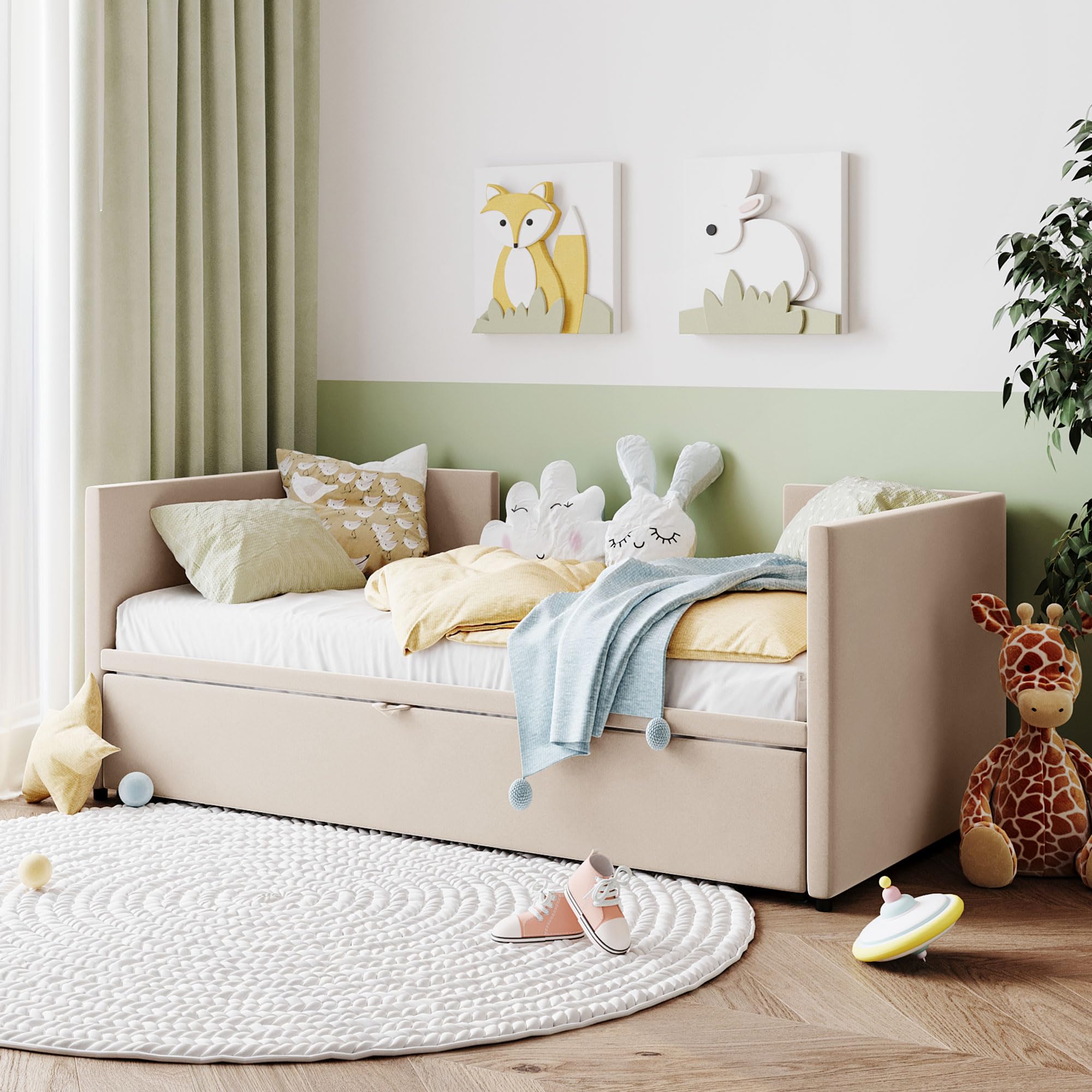 Eafurn Upholstered Daybed with Trundle,Extendable Daybed with Trundle Bed, Twin to King Daybed,Velvet Upholstered Daybed Sofa Bed w/Wood Slat, Twin Size Upholstered Daybed for Kid Boys Girls