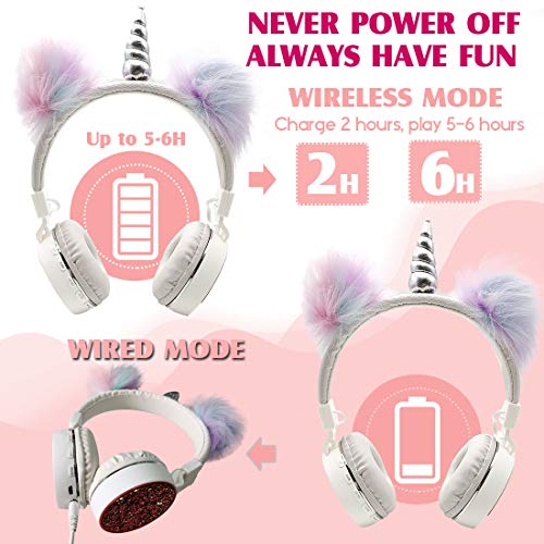 JINSERTA Bluetooth 5.0 Headphones with Fluffy Cat Ears for Kids, Kids Headband Earphone Foldable Headset Rechargeable Support TF Card, FM, Aux in (Black)
