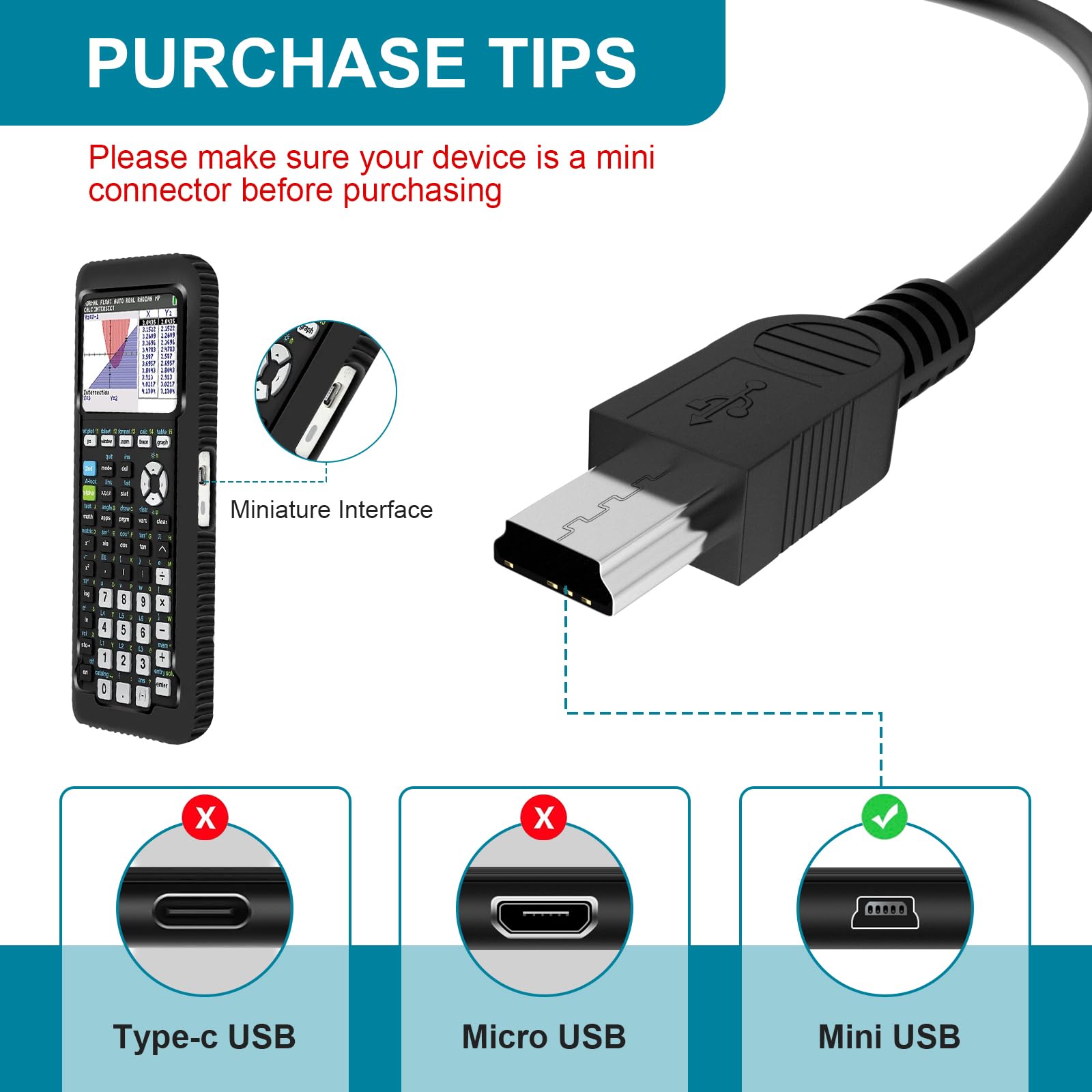 Sqrmekoko USB PC Charger Charging Cable Cord for TI-84 Plus, TI-84 Plus CE, TI 89 Titanium, TI Nspire CX/TI Nspire CX CAS Graphing Calculators
